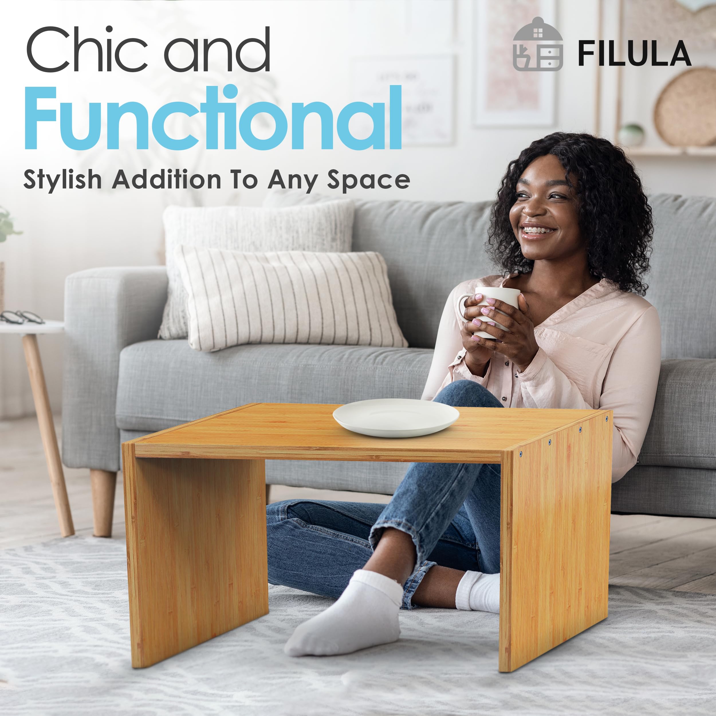 FILULA - Bamboo C Table and Coffee Table - All-in-One Solution for End Table, Coffee Table, Tray Table, Storage Bench, and Beyond