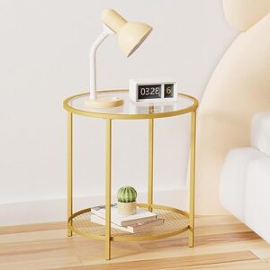 cadani end table, glass side table with open storage, 2-tier gold accent table with sturdy metal frame, modern round coffee table for living room, bedroom, balcony, patio