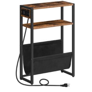 hoobro narrow side table, end table with charging station, 3-tier nightstand, bedside table with 2 wooden shelves and magazine sling, for small space, living room, rustic brown and black bf103ubz01