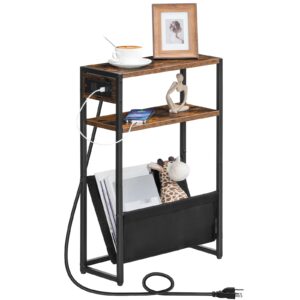 HOOBRO Narrow Side Table, End Table with Charging Station, 3-Tier Nightstand, Bedside Table with 2 Wooden Shelves and Magazine Sling, for Small Space, Living Room, Rustic Brown and Black BF103UBZ01