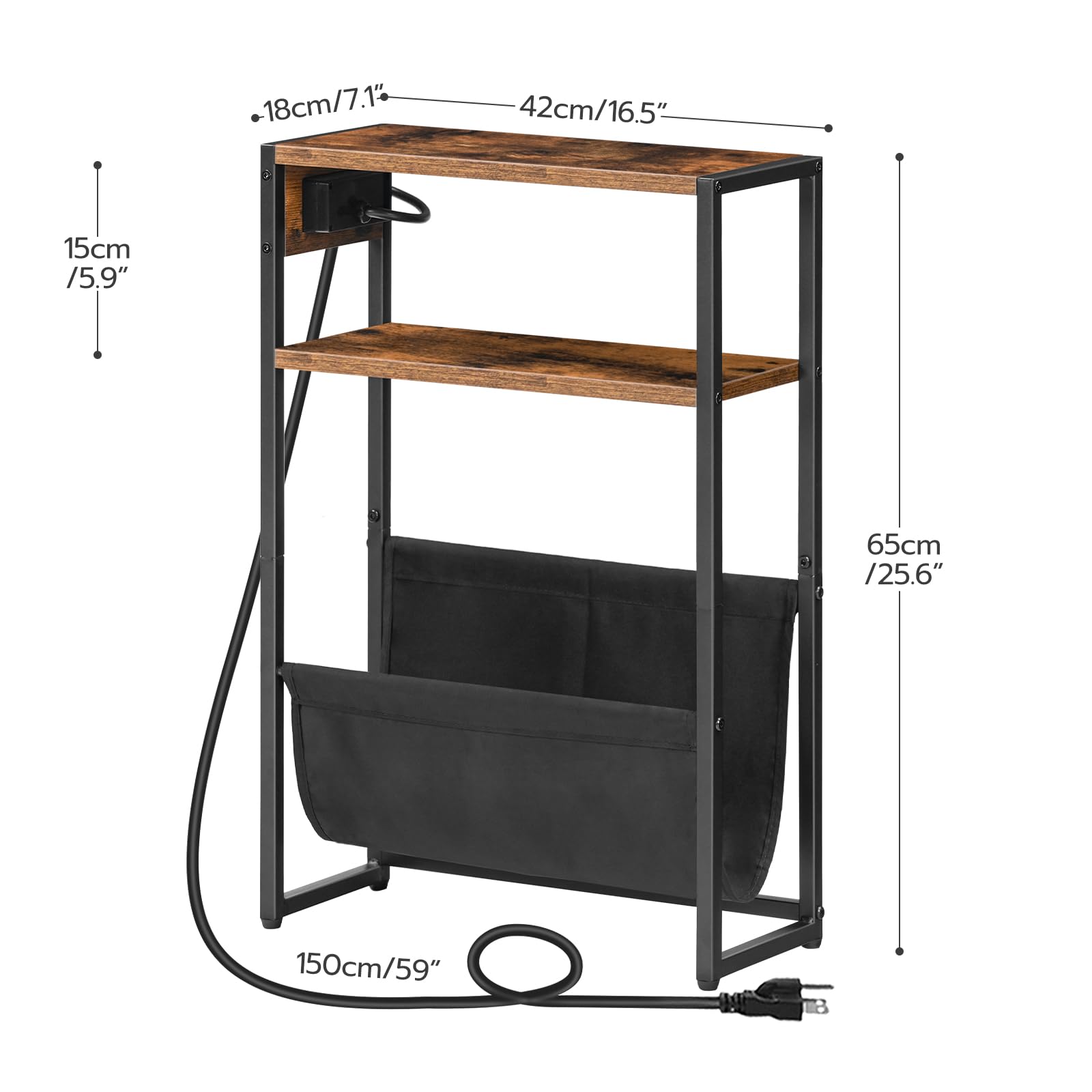 HOOBRO Narrow Side Table, End Table with Charging Station, 3-Tier Nightstand, Bedside Table with 2 Wooden Shelves and Magazine Sling, for Small Space, Living Room, Rustic Brown and Black BF103UBZ01