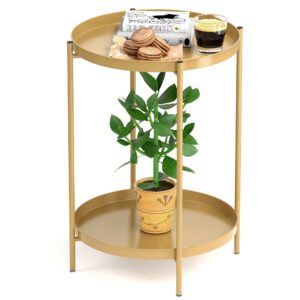 ovicar gold side table - 2 tier metal round end table coffee table small sofa side table outdoor indoor accent table nightstand waterproof removable tray table for living room bedroom balcony