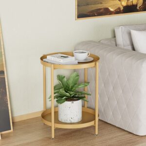 OVICAR Gold Side Table - 2 Tier Metal Round End Table Coffee Table Small Sofa Side Table Outdoor Indoor Accent Table Nightstand Waterproof Removable Tray Table for Living Room Bedroom Balcony