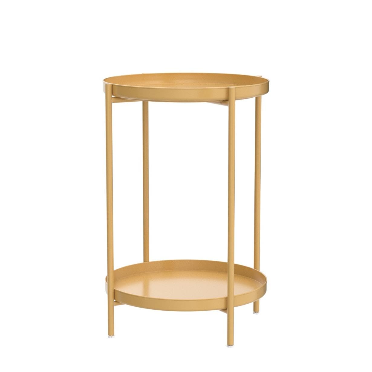 OVICAR Gold Side Table - 2 Tier Metal Round End Table Coffee Table Small Sofa Side Table Outdoor Indoor Accent Table Nightstand Waterproof Removable Tray Table for Living Room Bedroom Balcony