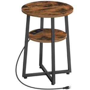 hoobro round side table with charging station, 2-tier round end table with sturdy x-shaped metal frame, 21.7" h round nightstand, for living room, bedroom, balcony, office, rustic brown bf100ubz01