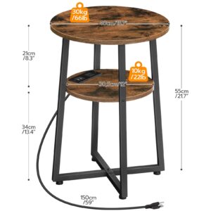 HOOBRO Round Side Table with Charging Station, 2-Tier Round End Table with Sturdy X-Shaped Metal Frame, 21.7" H Round Nightstand, for Living Room, Bedroom, Balcony, Office, Rustic Brown BF100UBZ01