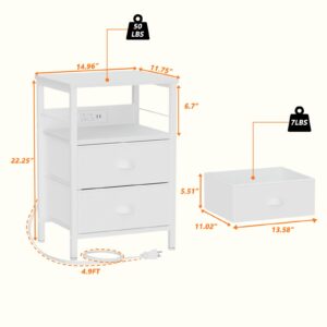 Furologee End Table with Charging Station, Nightstand with Fabric Drawers, Side Tables with USB Ports & Outlets, Night Stand with Storage Shelf & Hooks, for Living Room/Bedroom, White