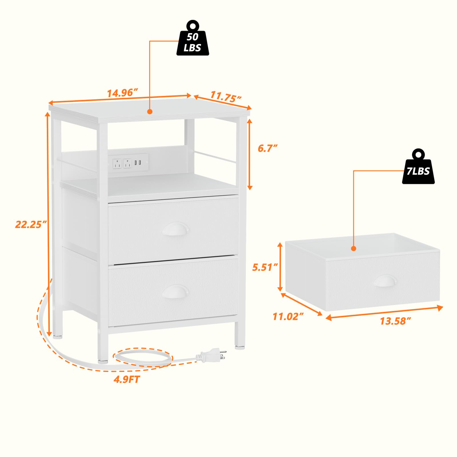 Furologee End Table with Charging Station, Nightstand with Fabric Drawers, Side Tables with USB Ports & Outlets, Night Stand with Storage Shelf & Hooks, for Living Room/Bedroom, White