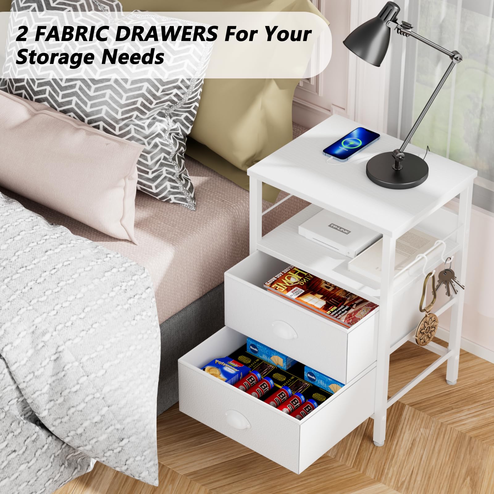 Furologee End Table with Charging Station, Nightstand with Fabric Drawers, Side Tables with USB Ports & Outlets, Night Stand with Storage Shelf & Hooks, for Living Room/Bedroom, White