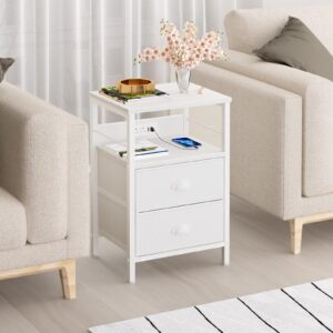 Furologee End Table with Charging Station, Nightstand with Fabric Drawers, Side Tables with USB Ports & Outlets, Night Stand with Storage Shelf & Hooks, for Living Room/Bedroom, White