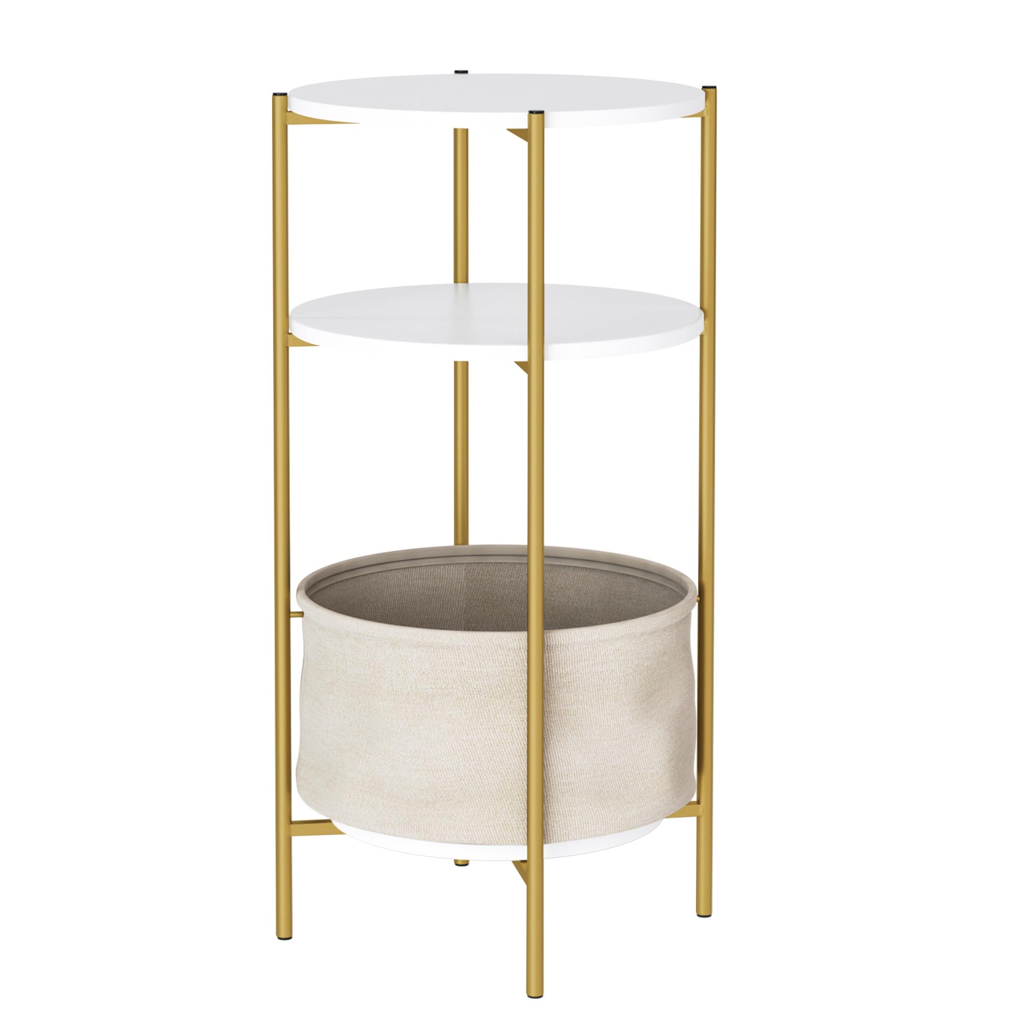 finetones Round End Table, 3-Tier Side Table Accent Table with Detachable Linen Basket and 2 Tier Storage Shelf, Modern Bedside Sofa Coffee Table for Living Room, Bedroom, White/Gold, 1