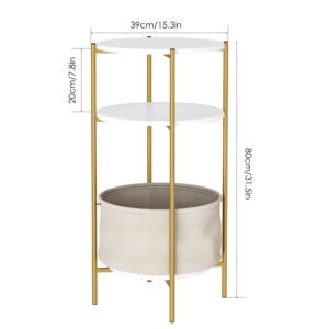 finetones Round End Table, 3-Tier Side Table Accent Table with Detachable Linen Basket and 2 Tier Storage Shelf, Modern Bedside Sofa Coffee Table for Living Room, Bedroom, White/Gold, 1