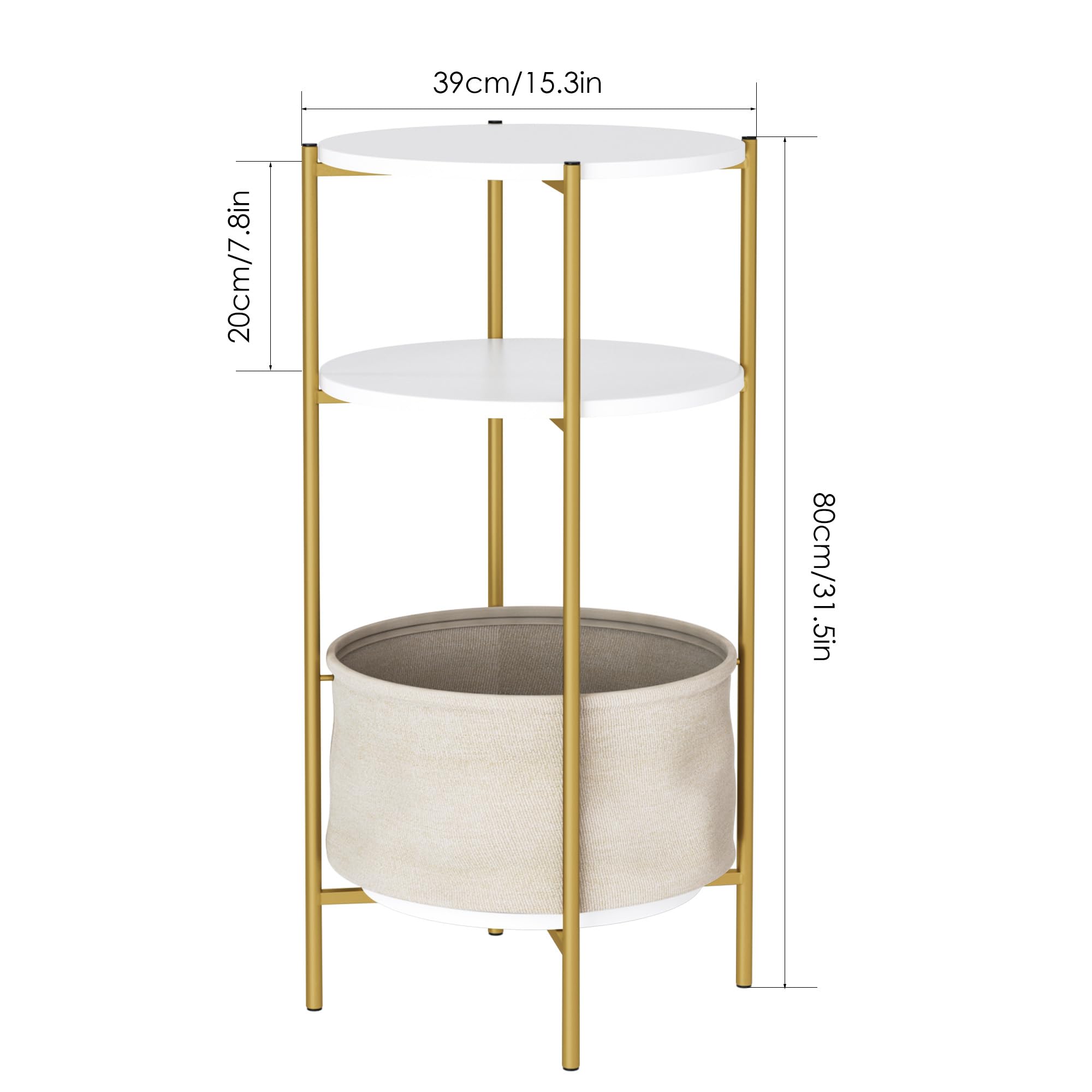 finetones Round End Table, 3-Tier Side Table Accent Table with Detachable Linen Basket and 2 Tier Storage Shelf, Modern Bedside Sofa Coffee Table for Living Room, Bedroom, White/Gold, 1