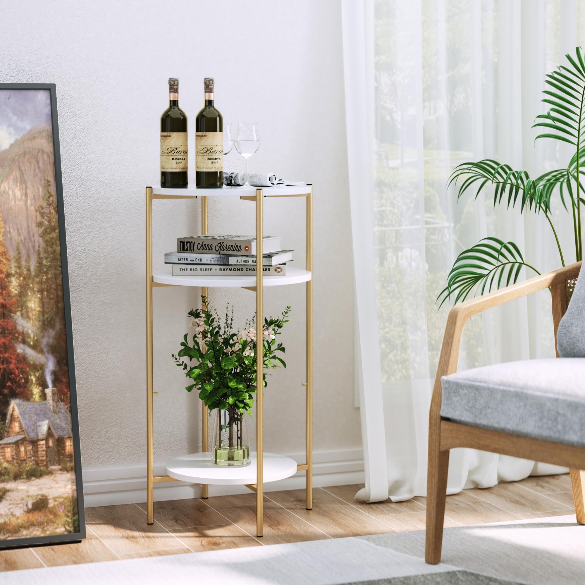 finetones Round End Table, 3-Tier Side Table Accent Table with Detachable Linen Basket and 2 Tier Storage Shelf, Modern Bedside Sofa Coffee Table for Living Room, Bedroom, White/Gold, 1