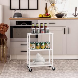 Side Table 3 Tier End Table Small with Wheels Rolling End Side Table with Storage Shelves White Night Stand for Kitchen Bedroom Bathroom Office Living Room