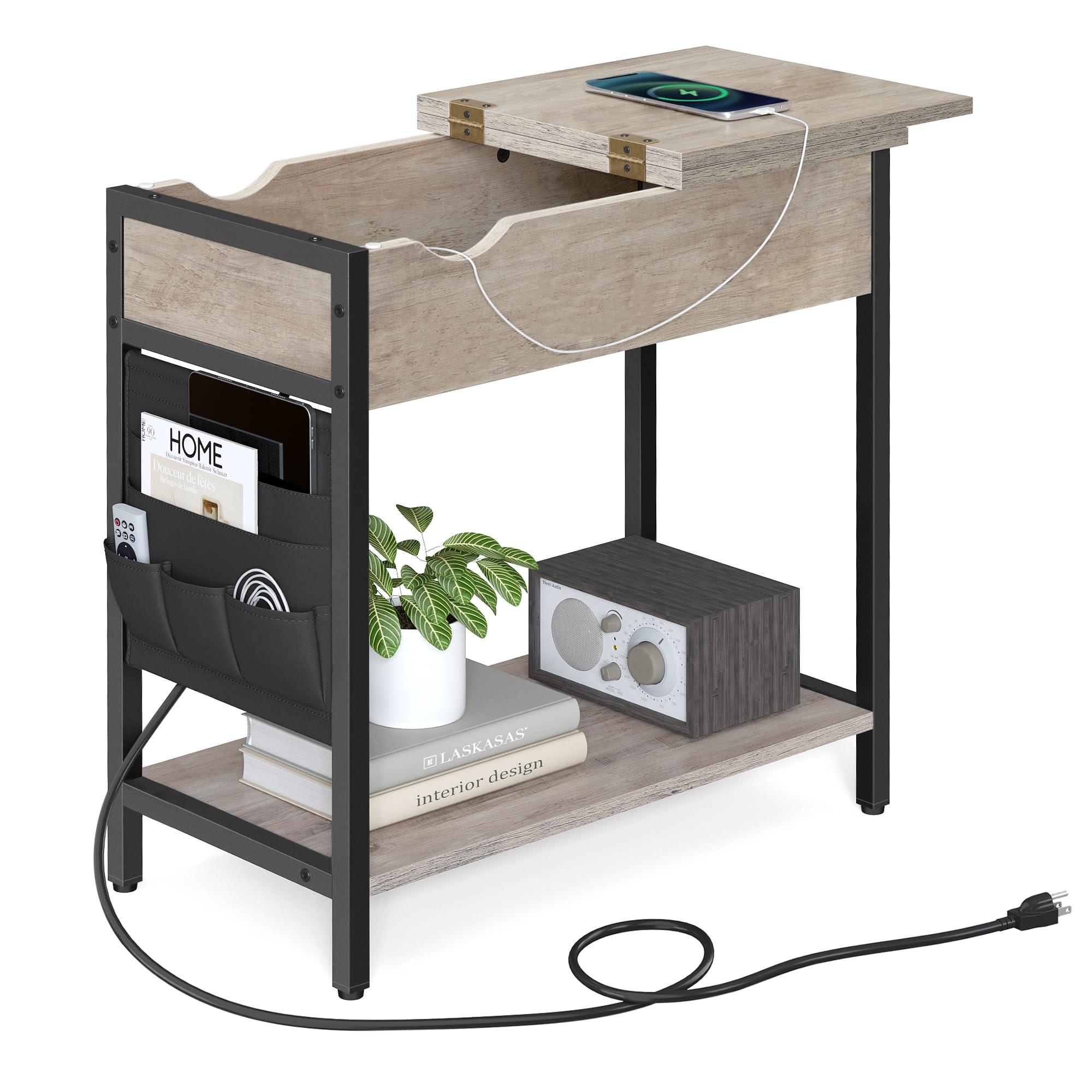 VASAGLE Side Table with Storage, End Table with USB Ports and Outlets, Nightstand with Charging Station, Fabric Bags, for Living Room, Bedroom, Greige and Black ULET310B02, 23.6 x 12.4 x 23.6 Inches