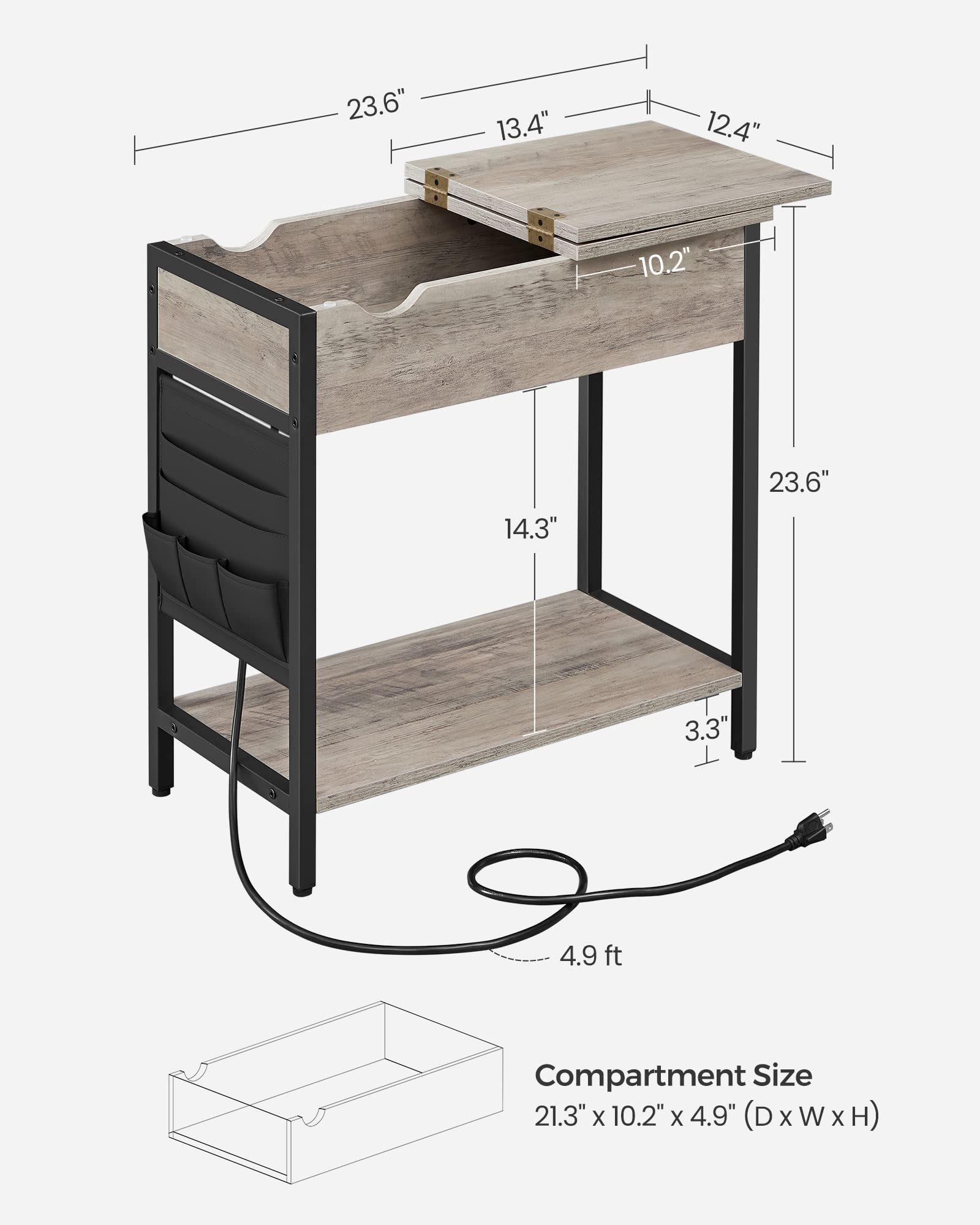 VASAGLE Side Table with Storage, End Table with USB Ports and Outlets, Nightstand with Charging Station, Fabric Bags, for Living Room, Bedroom, Greige and Black ULET310B02, 23.6 x 12.4 x 23.6 Inches