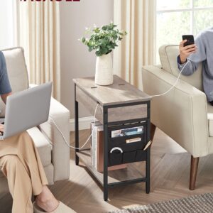 VASAGLE Side Table with Storage, End Table with USB Ports and Outlets, Nightstand with Charging Station, Fabric Bags, for Living Room, Bedroom, Greige and Black ULET310B02, 23.6 x 12.4 x 23.6 Inches