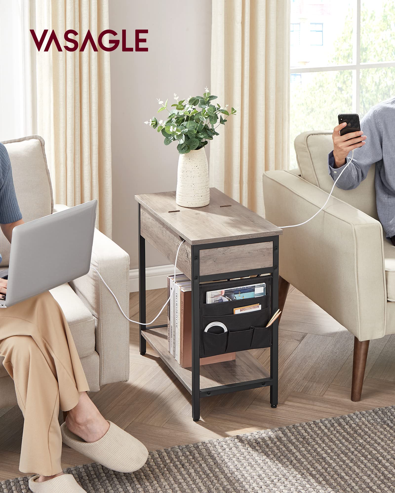 VASAGLE Side Table with Storage, End Table with USB Ports and Outlets, Nightstand with Charging Station, Fabric Bags, for Living Room, Bedroom, Greige and Black ULET310B02, 23.6 x 12.4 x 23.6 Inches