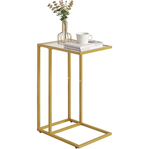 YMYNY C-Shaped End Table, Tempered Glass Sofa Side Table, nightstand for Small Place,Coffee Table for Hallway Office Bedroom Living Room, Metal Frame, Gold, 24.8 * 15.75 * 11.8" UHGD001G