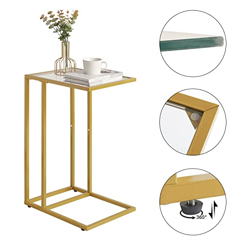 YMYNY C-Shaped End Table, Tempered Glass Sofa Side Table, nightstand for Small Place,Coffee Table for Hallway Office Bedroom Living Room, Metal Frame, Gold, 24.8 * 15.75 * 11.8" UHGD001G