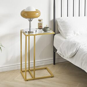 YMYNY C-Shaped End Table, Tempered Glass Sofa Side Table, nightstand for Small Place,Coffee Table for Hallway Office Bedroom Living Room, Metal Frame, Gold, 24.8 * 15.75 * 11.8" UHGD001G