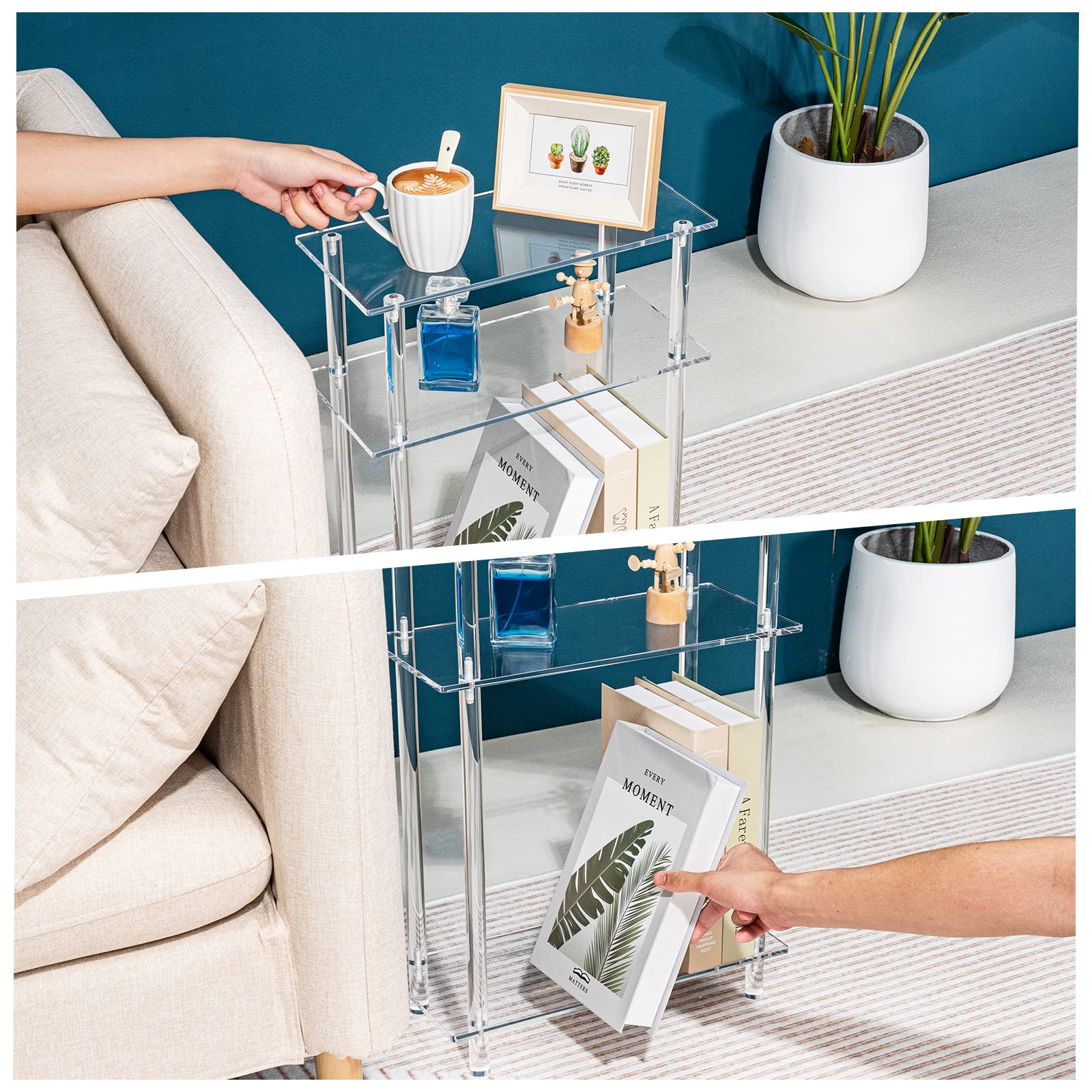 HMYHUM Acrylic Narrow Side Table for Small Spaces, 7" Wide Skinny Nightstand/Bedside Table for Bedroom, Slim Small End Table, 3 Tier, 15.7" L x 22.9" H, Clear