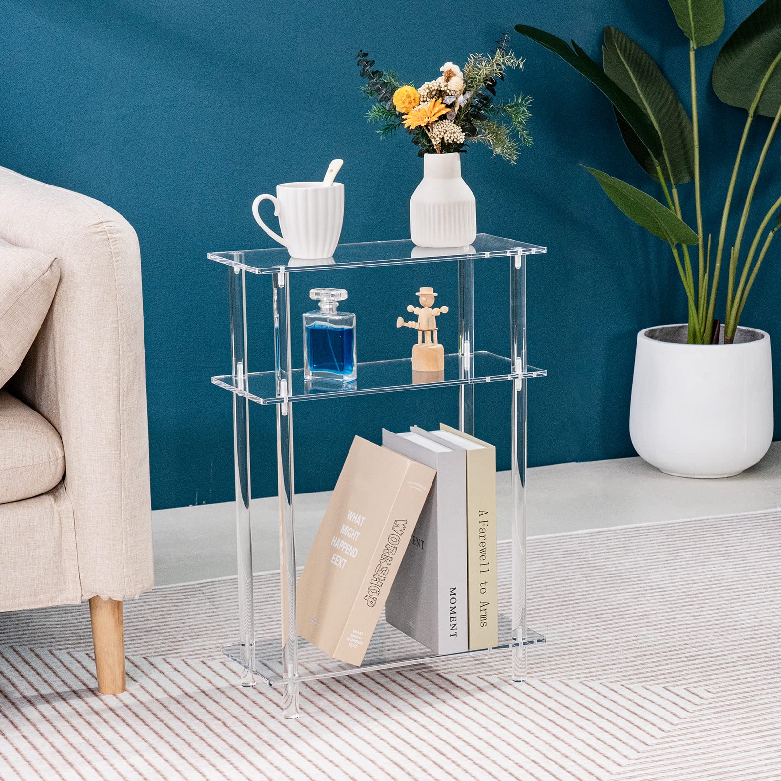 HMYHUM Acrylic Narrow Side Table for Small Spaces, 7" Wide Skinny Nightstand/Bedside Table for Bedroom, Slim Small End Table, 3 Tier, 15.7" L x 22.9" H, Clear