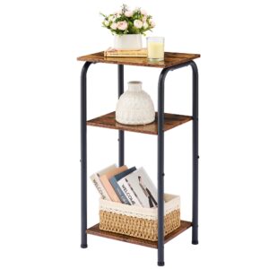 tajsoon tall end table 3 tier 30 inch narrow side table with storage shelves, small table stand for small spaces with metal frame, small sofa table for living room, bedroom, office, rustic brown