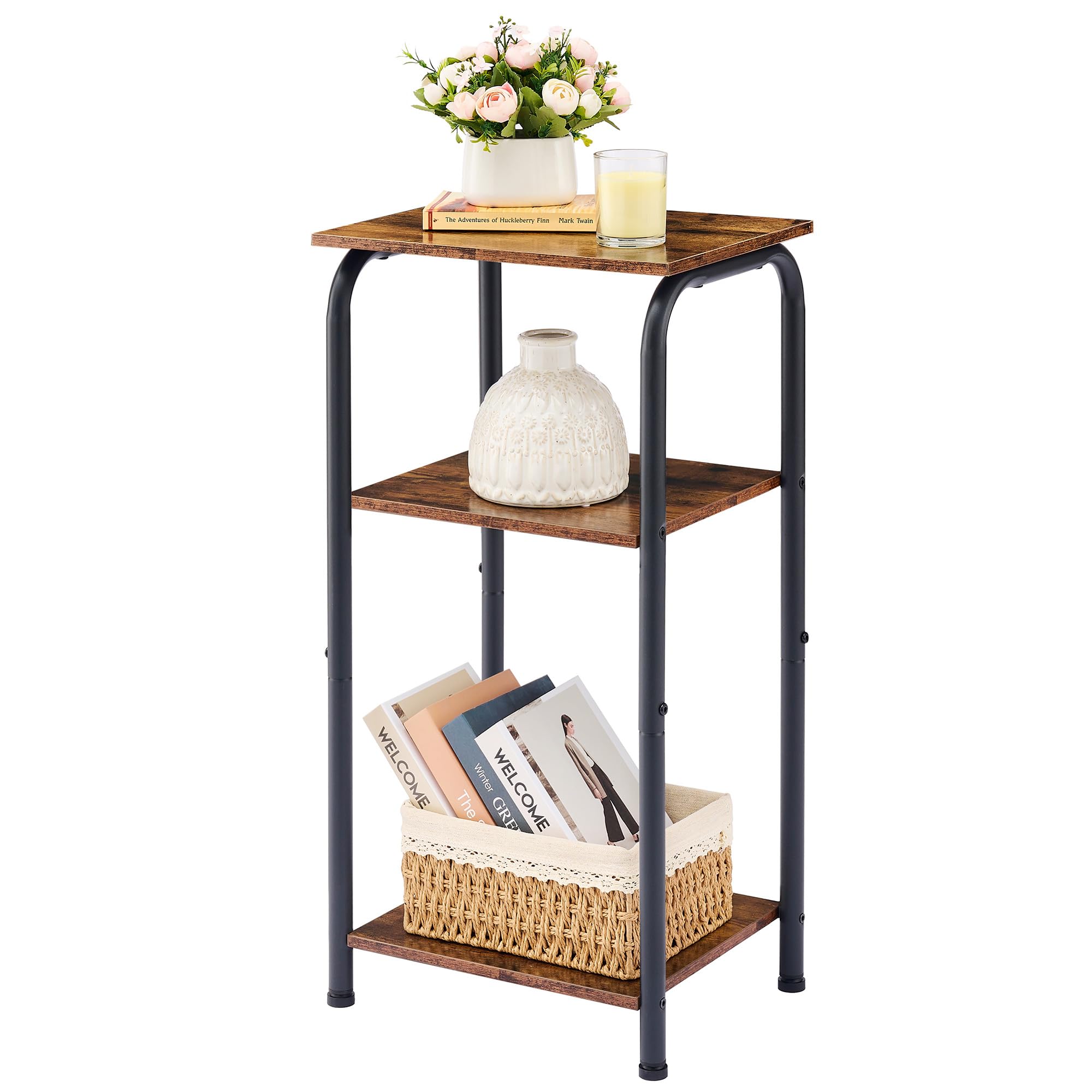 Tajsoon Tall End Table 3 Tier 30 Inch Narrow Side Table with Storage Shelves, Small Table Stand for Small Spaces with Metal Frame, Small Sofa Table for Living Room, Bedroom, Office, Rustic Brown