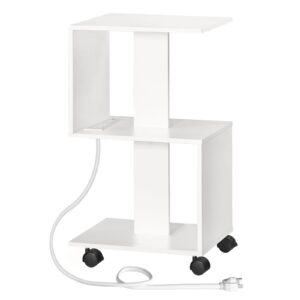 MAHANCRIS Narrow Nightstand with Charging Station, White Bedside Table with Power Outlets and USB Ports, S-Shaped Side Table, 3-Tier Nightstand with Wheels, for Bedroom, Living Room, White ETWT77E01