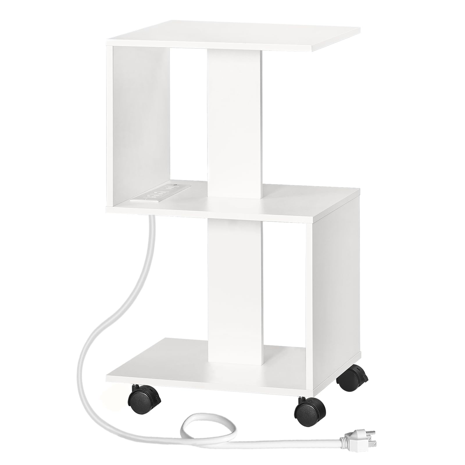 MAHANCRIS Narrow Nightstand with Charging Station, White Bedside Table with Power Outlets and USB Ports, S-Shaped Side Table, 3-Tier Nightstand with Wheels, for Bedroom, Living Room, White ETWT77E01