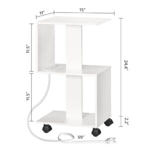 MAHANCRIS Narrow Nightstand with Charging Station, White Bedside Table with Power Outlets and USB Ports, S-Shaped Side Table, 3-Tier Nightstand with Wheels, for Bedroom, Living Room, White ETWT77E01