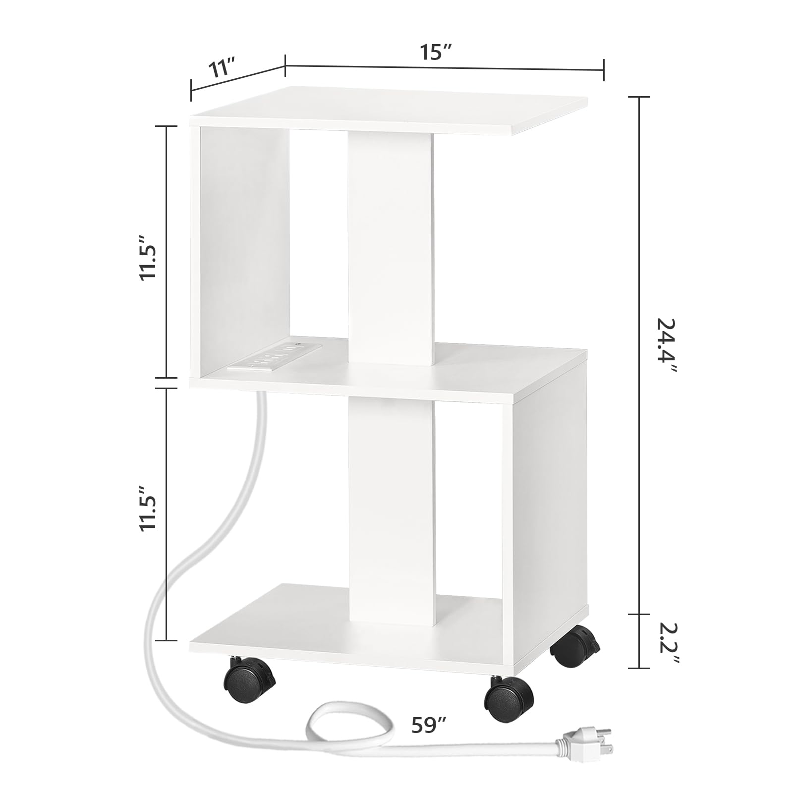 MAHANCRIS Narrow Nightstand with Charging Station, White Bedside Table with Power Outlets and USB Ports, S-Shaped Side Table, 3-Tier Nightstand with Wheels, for Bedroom, Living Room, White ETWT77E01