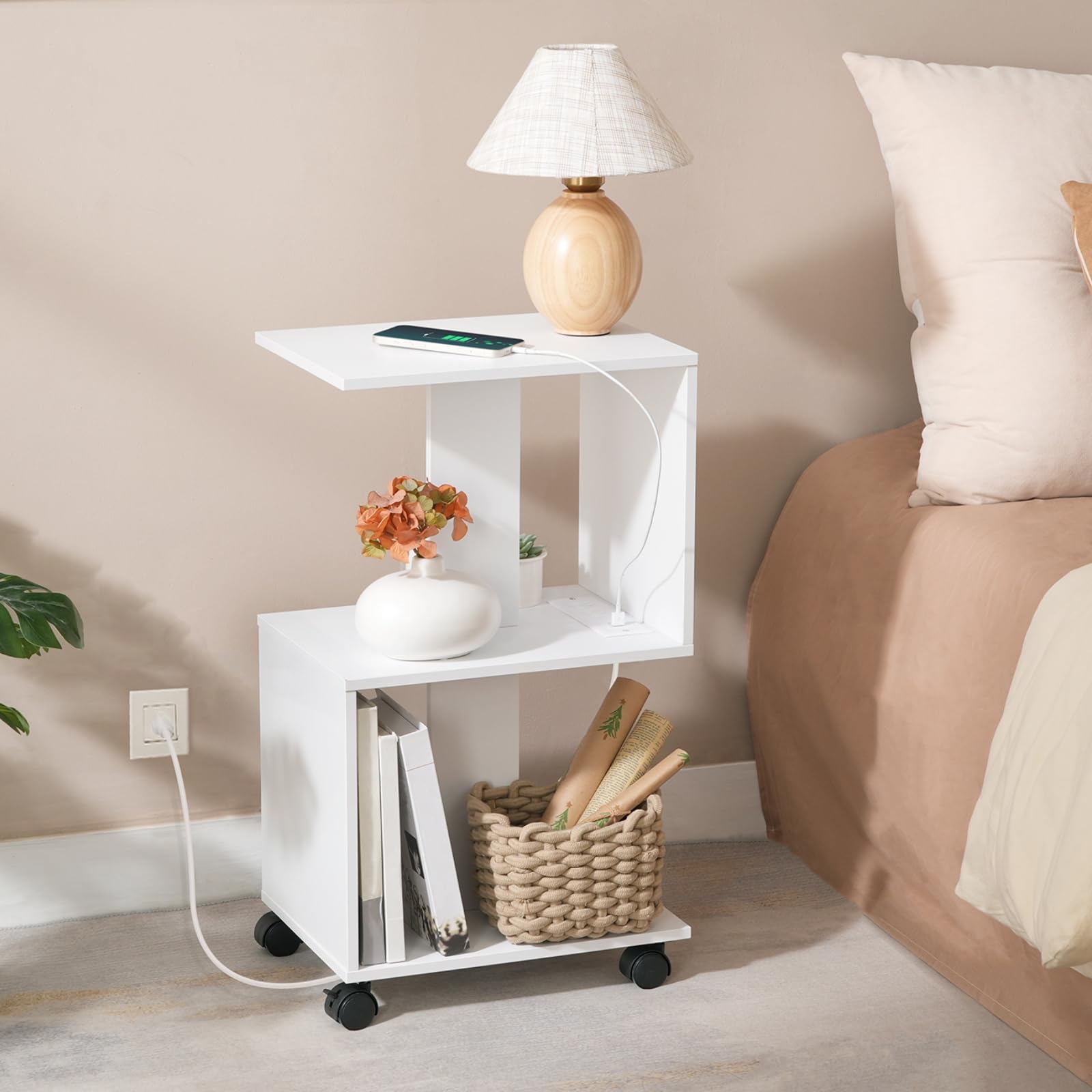 MAHANCRIS Narrow Nightstand with Charging Station, White Bedside Table with Power Outlets and USB Ports, S-Shaped Side Table, 3-Tier Nightstand with Wheels, for Bedroom, Living Room, White ETWT77E01