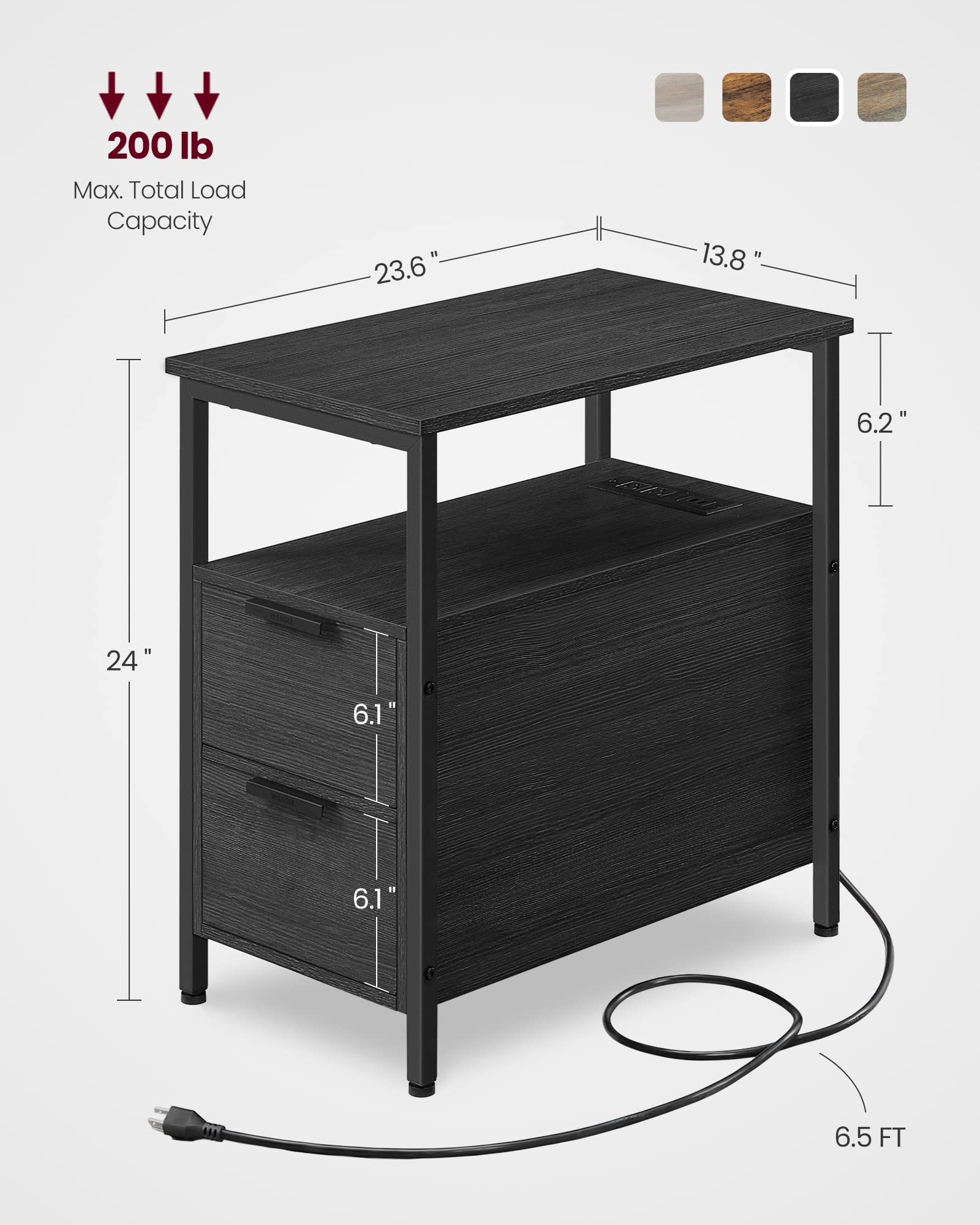 VASAGLE Side Table with Charging Station, Narrow End Table with 2 Drawers, Slim Nightstand and Bedside Table with Storage, for Small Spaces, Black ULET321B22