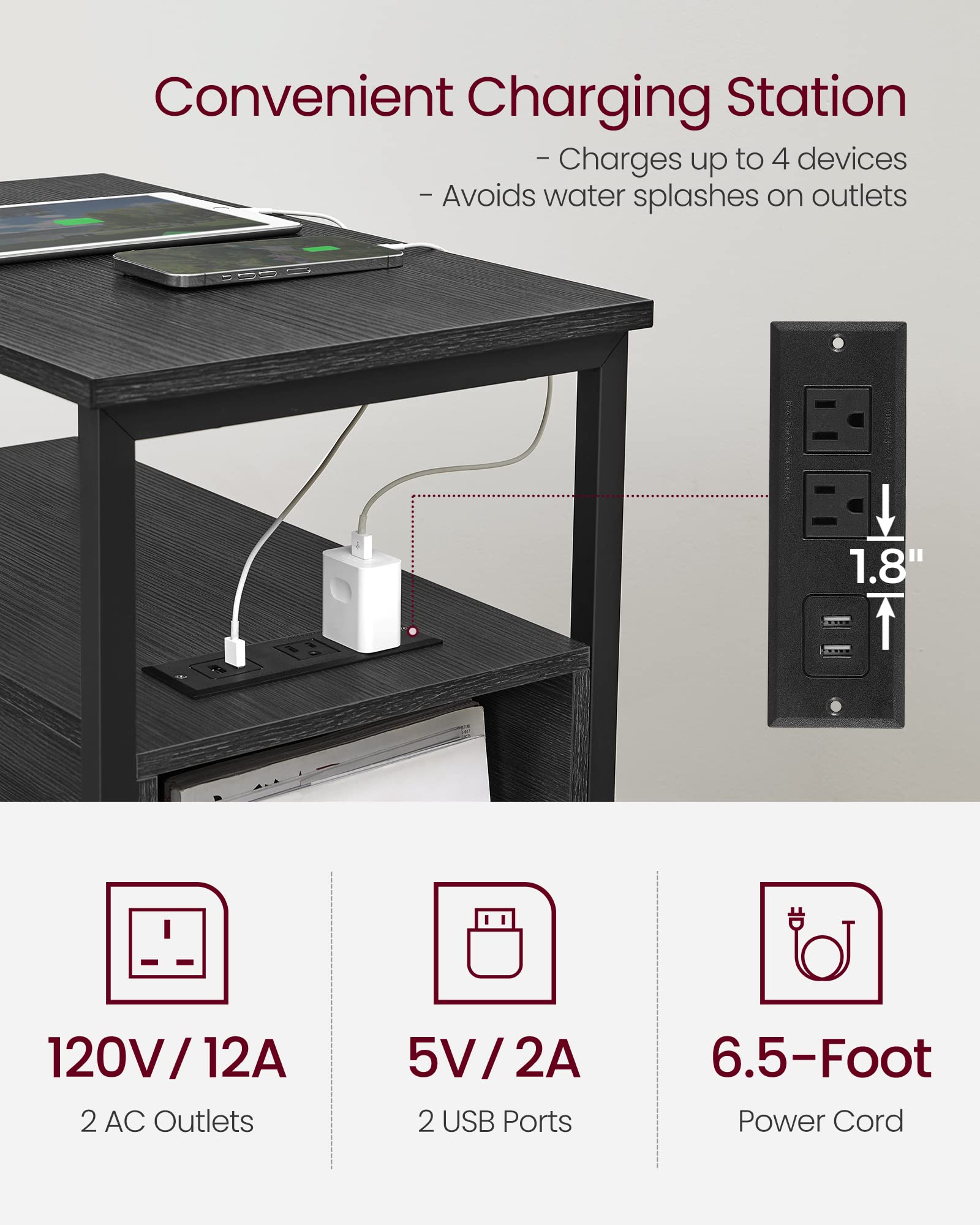 VASAGLE Side Table with Charging Station, Narrow End Table with 2 Drawers, Slim Nightstand and Bedside Table with Storage, for Small Spaces, Black ULET321B22