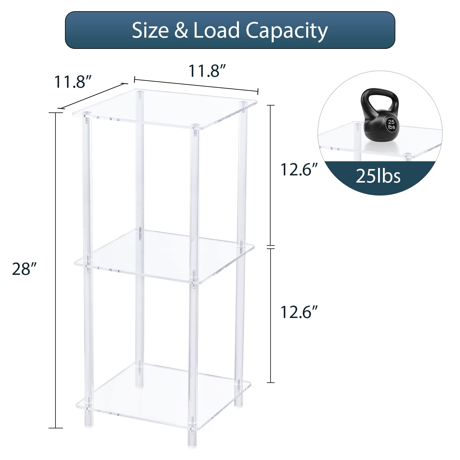 HMYHUM Acrylic Side Table for Small Spaces, 11.8" L x 11.8" W x 28" H, Small Nightstand/Bedside/End Table for Living Room, Bedroom, 3-Tier, Square, Clear