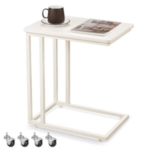 vasagle end table, c shaped tv tray with metal frame rolling casters for coffee laptop mobile tablet, industrial side table for living room bedroom, 19.7 x 13.8 x 23.6 inches, cream white ulnt050w77