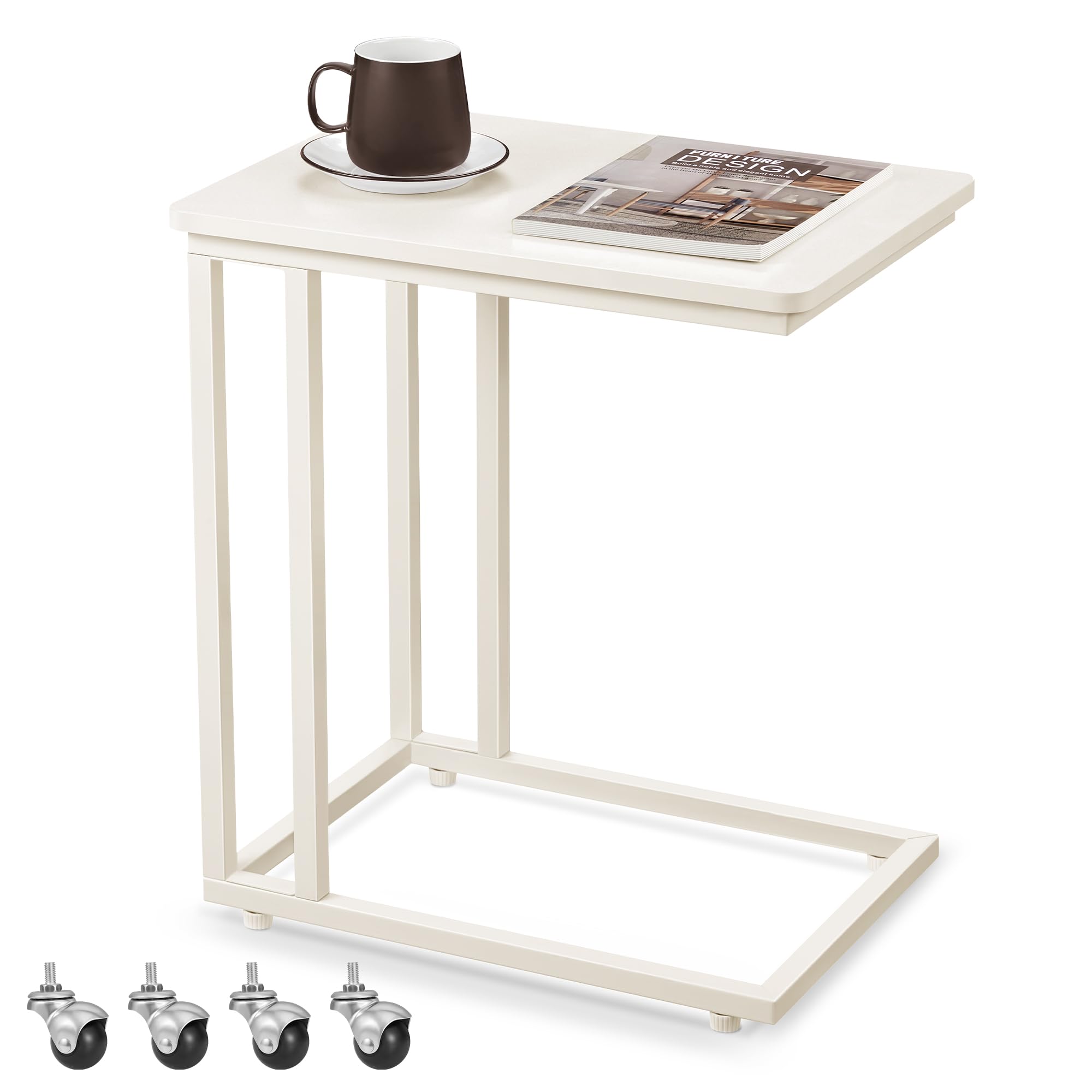 VASAGLE End Table, C Shaped TV Tray with Metal Frame Rolling Casters for Coffee Laptop Mobile Tablet, Industrial Side Table for Living Room Bedroom, 19.7 x 13.8 x 23.6 Inches, Cream White ULNT050W77