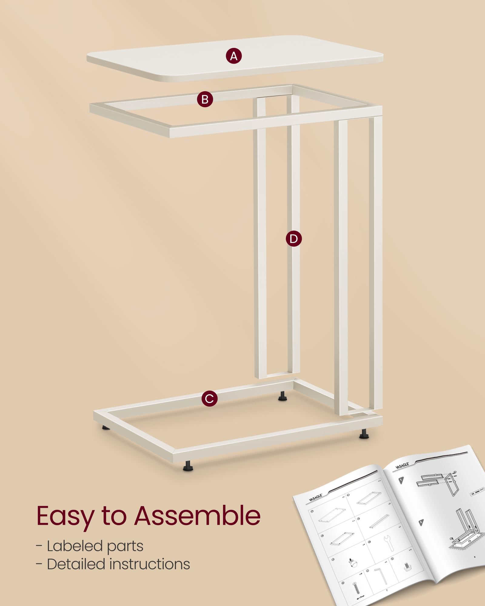 VASAGLE End Table, C Shaped TV Tray with Metal Frame Rolling Casters for Coffee Laptop Mobile Tablet, Industrial Side Table for Living Room Bedroom, 19.7 x 13.8 x 23.6 Inches, Cream White ULNT050W77