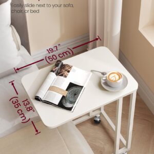 VASAGLE End Table, C Shaped TV Tray with Metal Frame Rolling Casters for Coffee Laptop Mobile Tablet, Industrial Side Table for Living Room Bedroom, 19.7 x 13.8 x 23.6 Inches, Cream White ULNT050W77