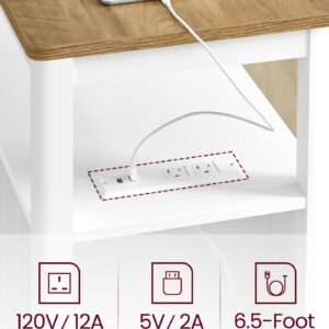 VASAGLE Side Table with Charging Station, Narrow Nightstand with 2 Drawers, Living Room End Table with Storage, for Small Spaces, Coastal Style, Rustic Walnut and Classic White ULET322T14