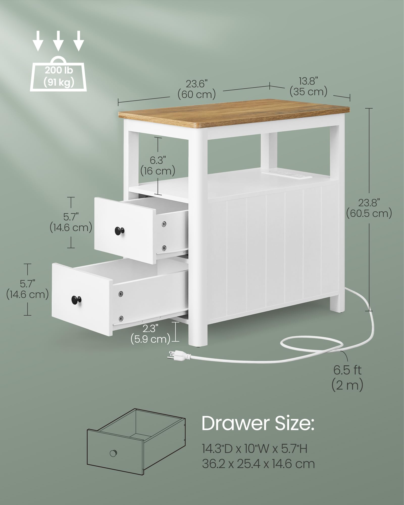 VASAGLE Side Table with Charging Station, Narrow Nightstand with 2 Drawers, Living Room End Table with Storage, for Small Spaces, Coastal Style, Rustic Walnut and Classic White ULET322T14