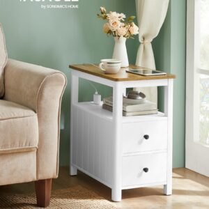 VASAGLE Side Table with Charging Station, Narrow Nightstand with 2 Drawers, Living Room End Table with Storage, for Small Spaces, Coastal Style, Rustic Walnut and Classic White ULET322T14