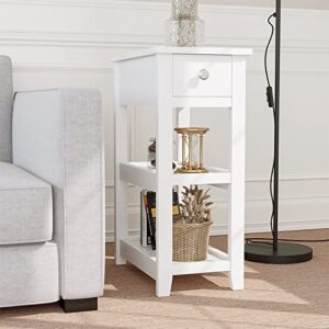 sejov end table, 3-tier white nightstand with drawer and 2 shelves, wood look accent narrow side tables living room bed room office, white