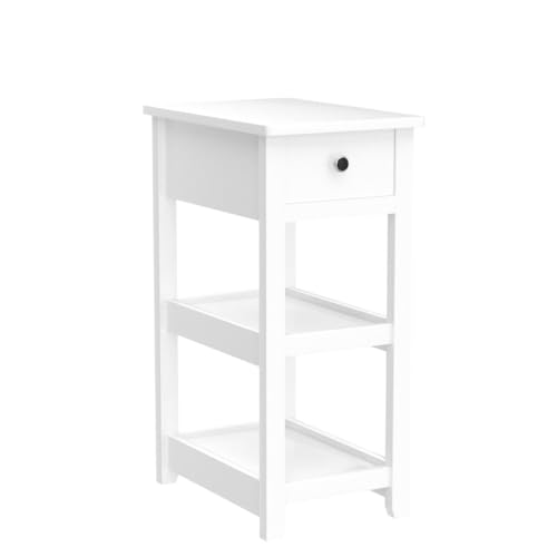 SEJOV End Table, 3-Tier White Nightstand with Drawer and 2 Shelves, Wood Look Accent Narrow Side Tables Living Room Bed Room Office, White