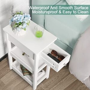 SEJOV End Table, 3-Tier White Nightstand with Drawer and 2 Shelves, Wood Look Accent Narrow Side Tables Living Room Bed Room Office, White