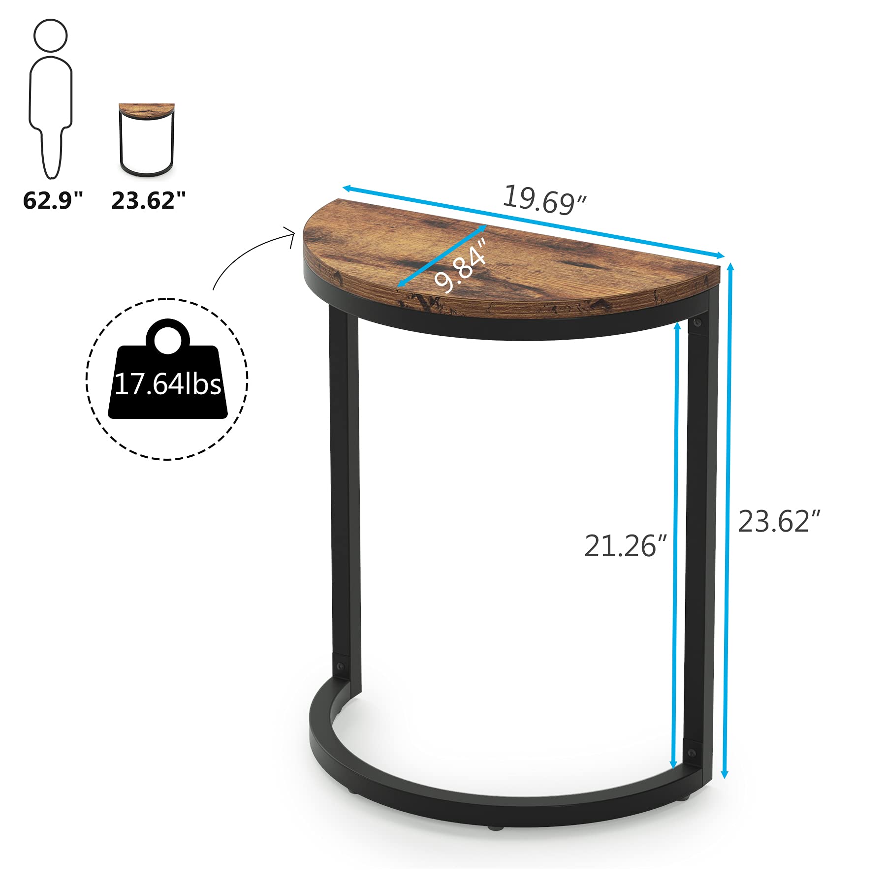 Tribesigns End Table Semi Circle, Small Half Round Side Table with Metal Frame, Wood Accent Table Slim C Table for Sofa Couch Living Room, Easy Assembly, 19.69" L x 9.84" W x 23.62" H