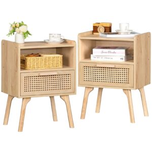 lerliuo rattan nightstands set of 2, boho side table with drawer open shelf, cane accent bedside end table with solid wood legs for bedroom, dorm and small spaces (natural)